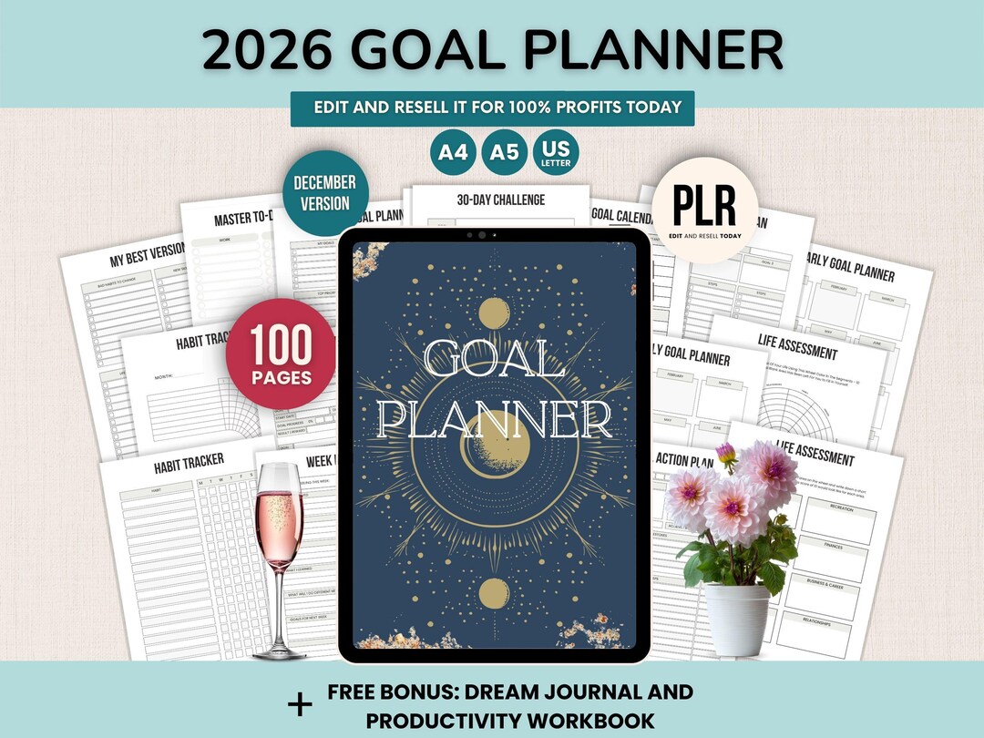 2026 Goal Planner Canva Templates PLR, 100 Page Yearly Monthly Weekly ...