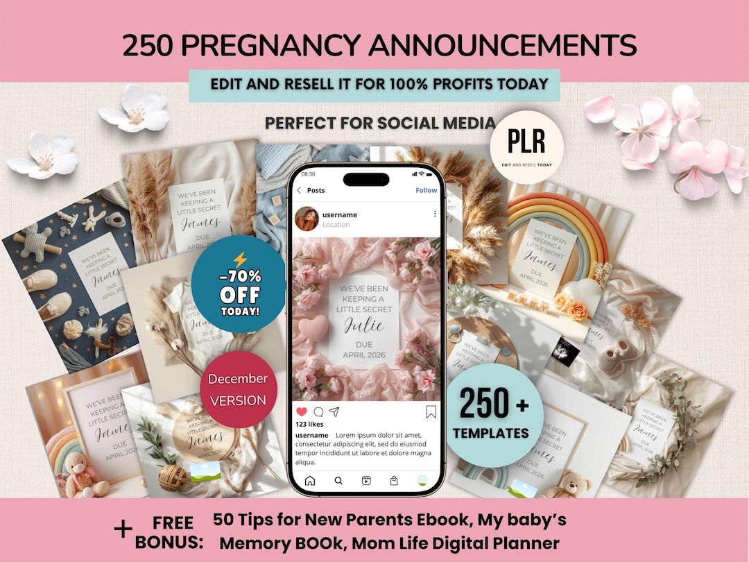 250 Pregnancy Announcement Digital Canva Templates Bundle PLR, Baby ...