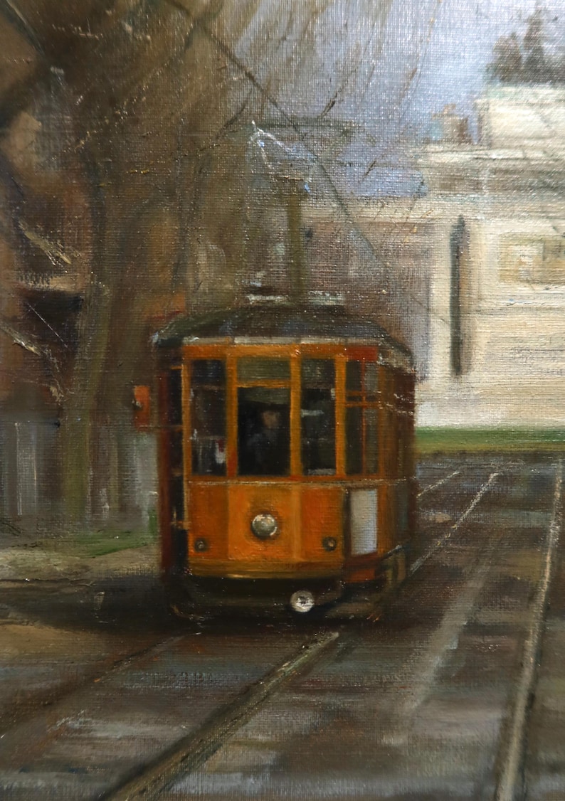 Original Oil Painting Milan Tram, Italian Cityscape Street Scene Canvas ...