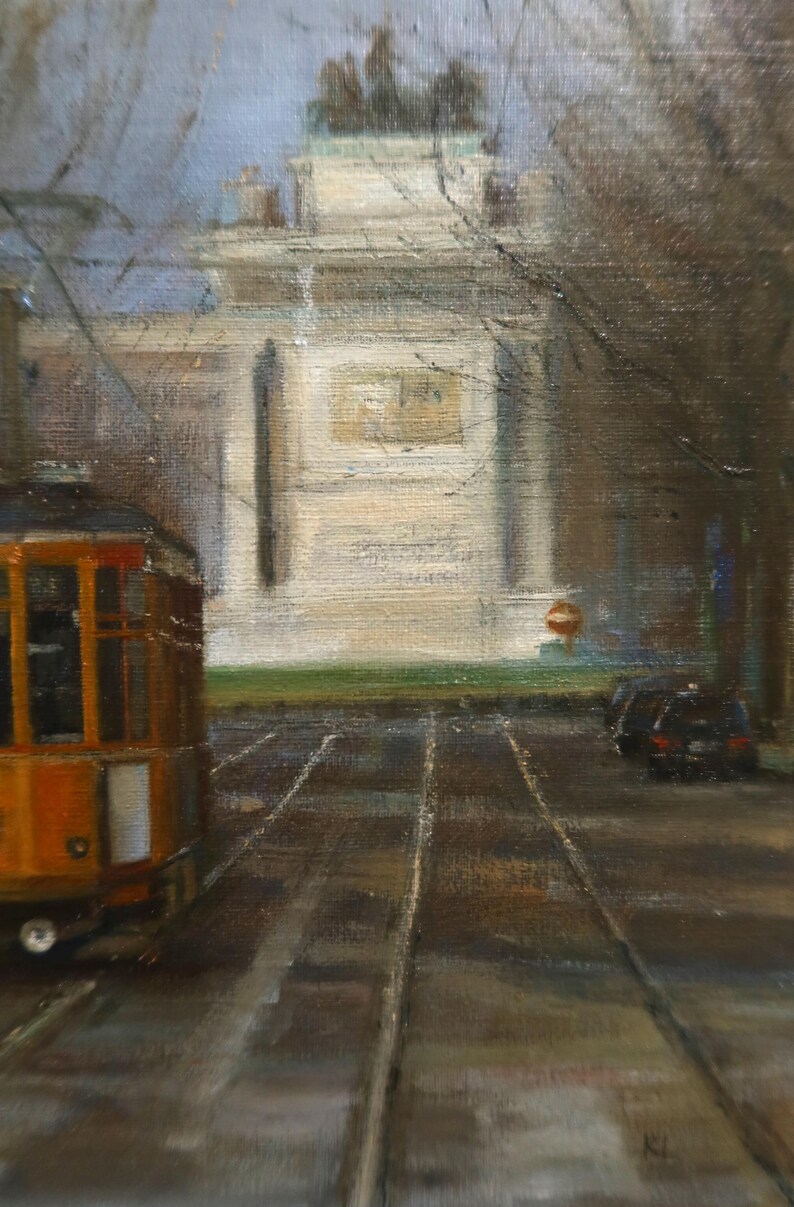Original Oil Painting Milan Tram, Italian Cityscape Street Scene Canvas ...
