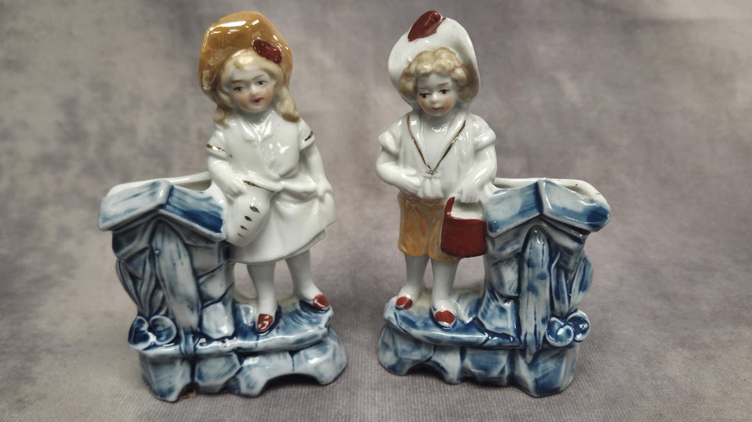 Vintage Porcelain Boy and Girl Figurine Planters – Matching Pair – Blue ...