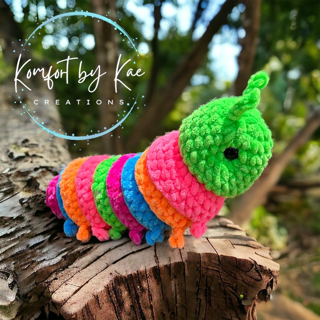 Neon Rainbow Caterpillar Plushie, Movable Crochet Toy, Plush Amigurumi ...