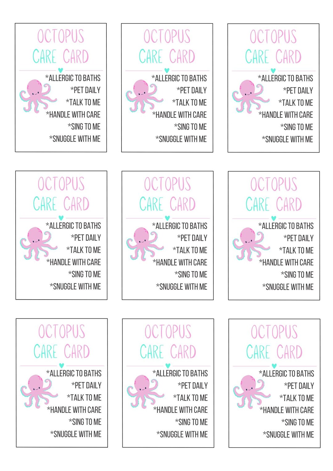 Octopus Care Cards, Plushie Care Card, Crochet Care Card, Crochet ...