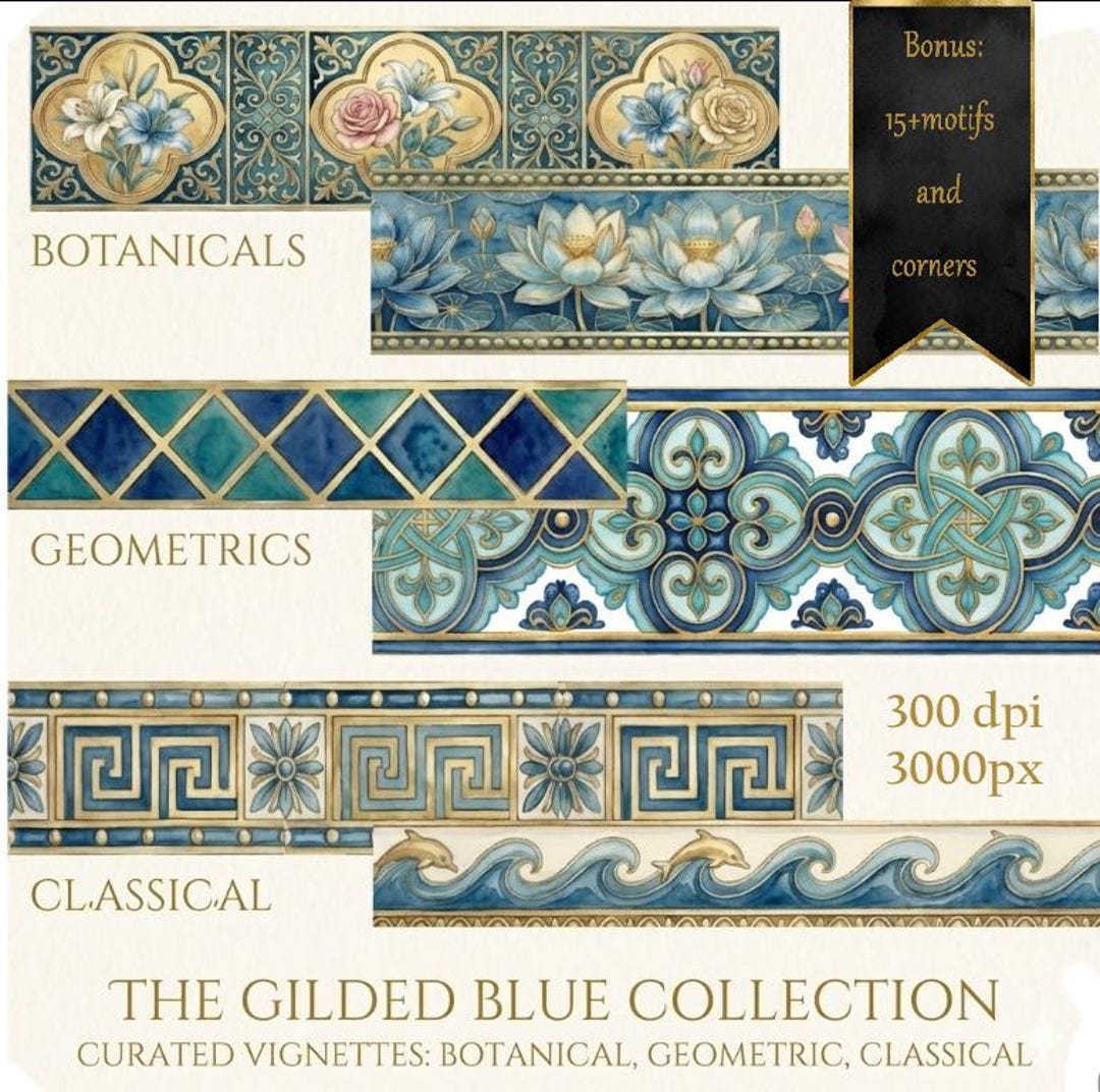 Gilded Blue Clipart Pack | 100 Pngs | Gold & Azure Floral Borders ...