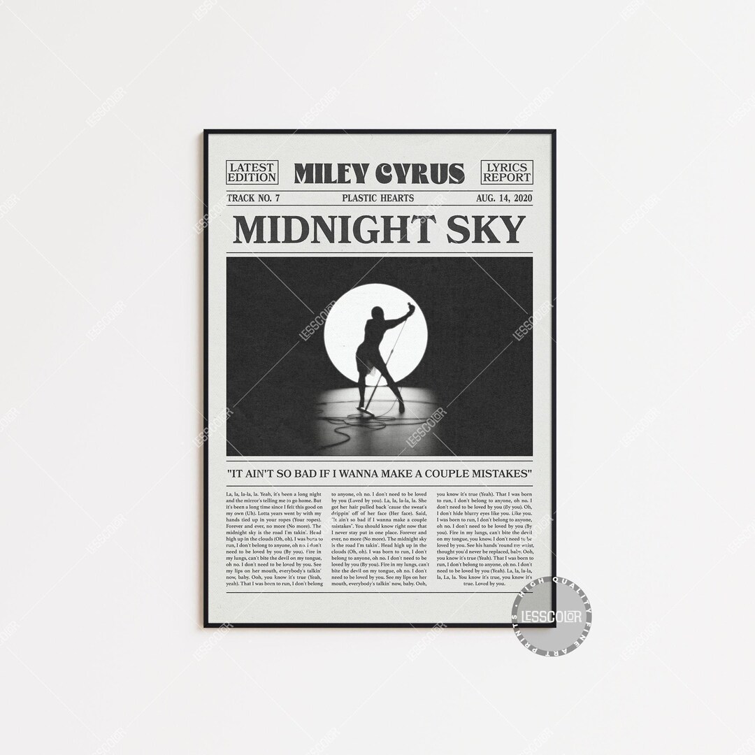 Miley Cyrus Retro Newspaper Print, Midnight Sky Poster, Midnight Sky ...
