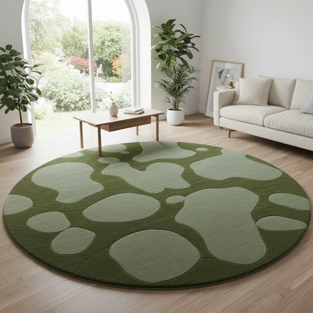 Organic Moss Green Round Rug - Modern Abstract Sage Area Rug for Living ...