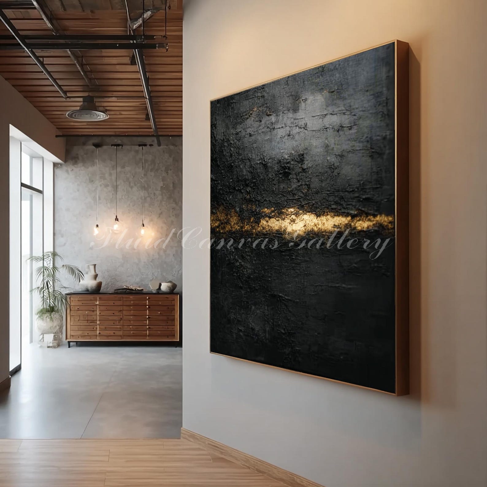 Large Black and Gold Abstract Oil Painting | Moody Night Sky Wall Mural ...