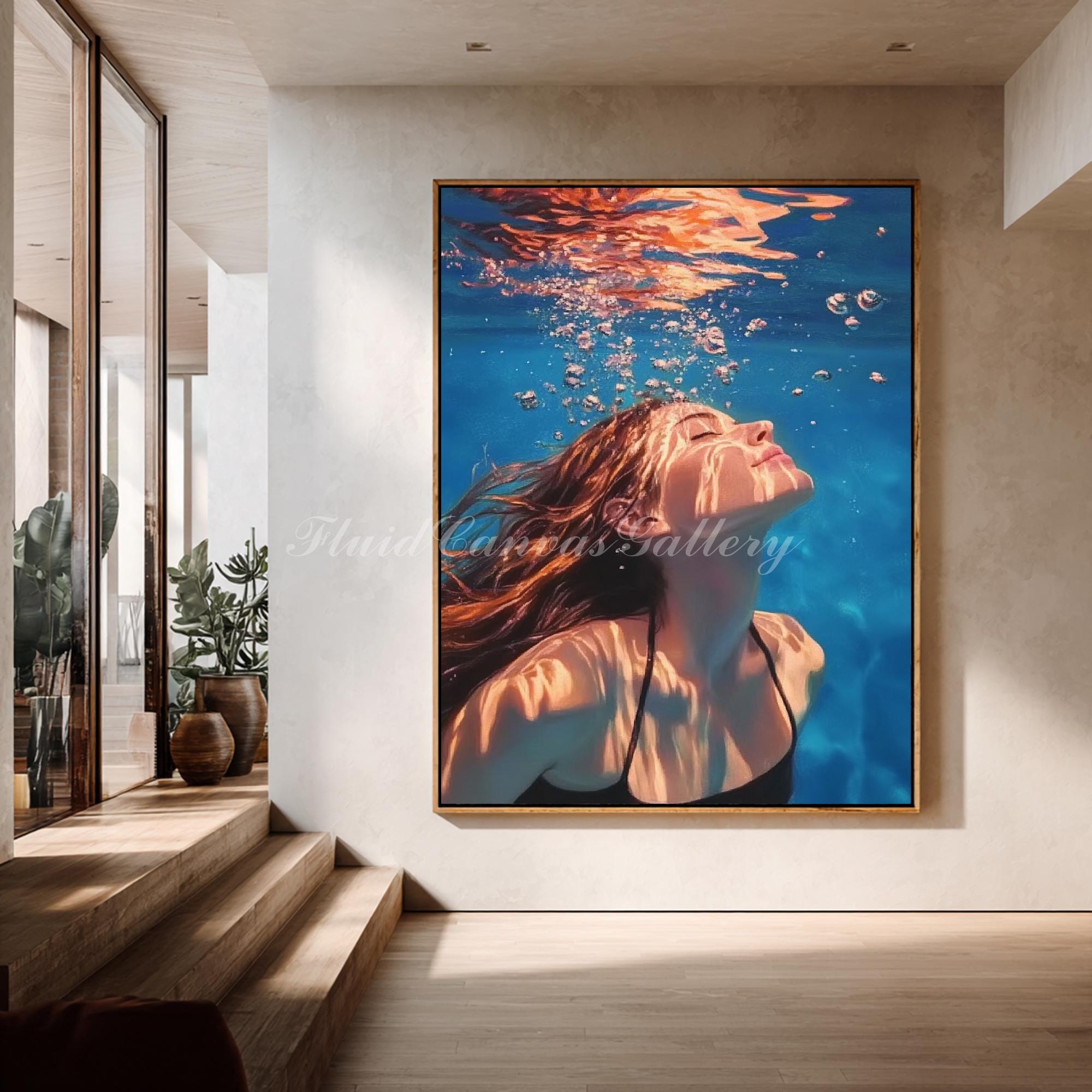 Large Underwater Blue Pool Female Painting | Tranquil Bathroom Wall ...