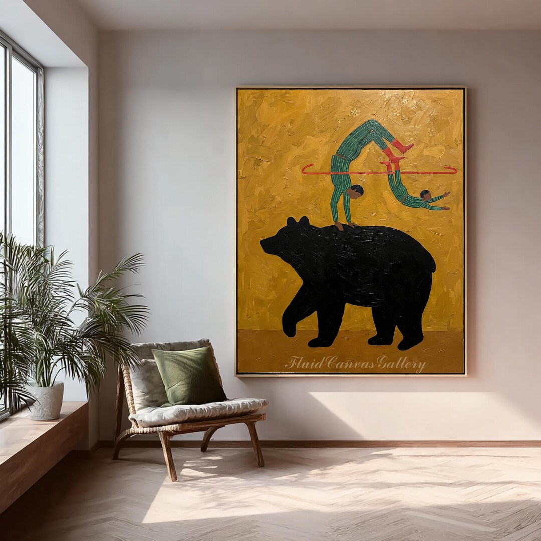 Large Black Bear Acrobat Oil Painting, Whimsical Circus Art, Colorful ...