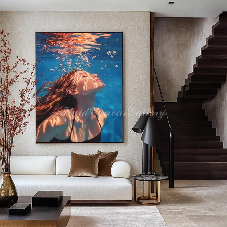 Large Underwater Blue Pool Female Painting | Tranquil Bathroom Wall ...