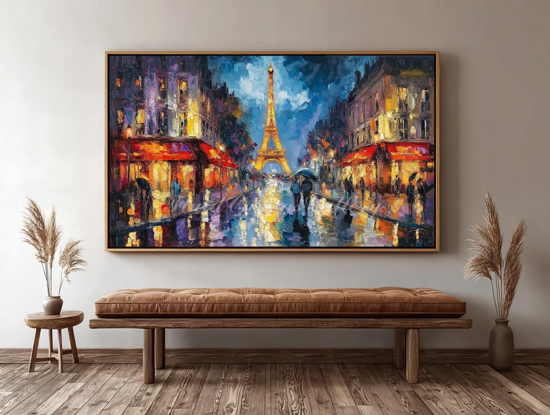 Large Paris Nightscape Eiffel Tower Oil Painting - Impasto Art of ...