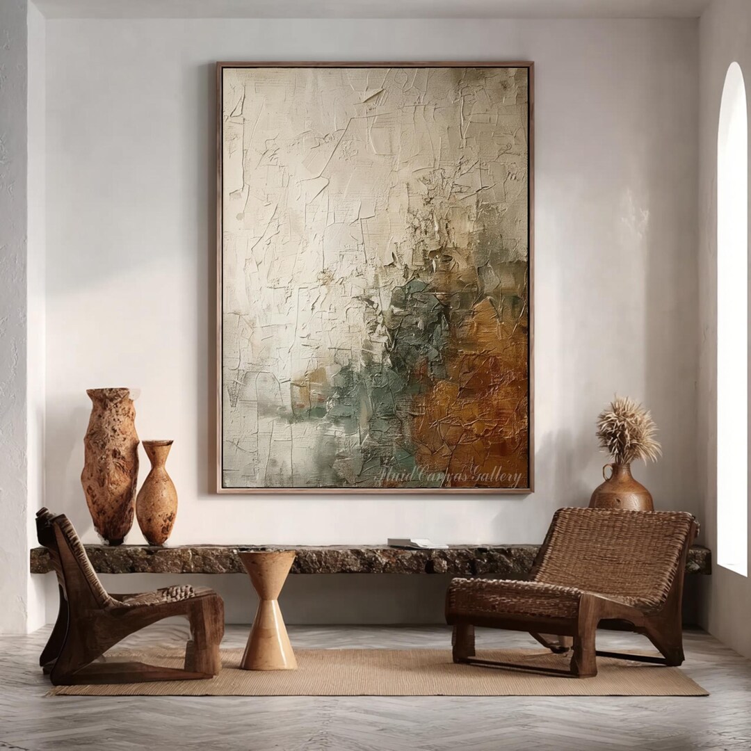 Textured Neutral Abstract Oil Painting, Beige and Soft Teal Green Ochre ...