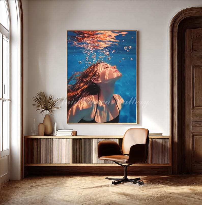 Large Underwater Blue Pool Female Painting | Tranquil Bathroom Wall ...