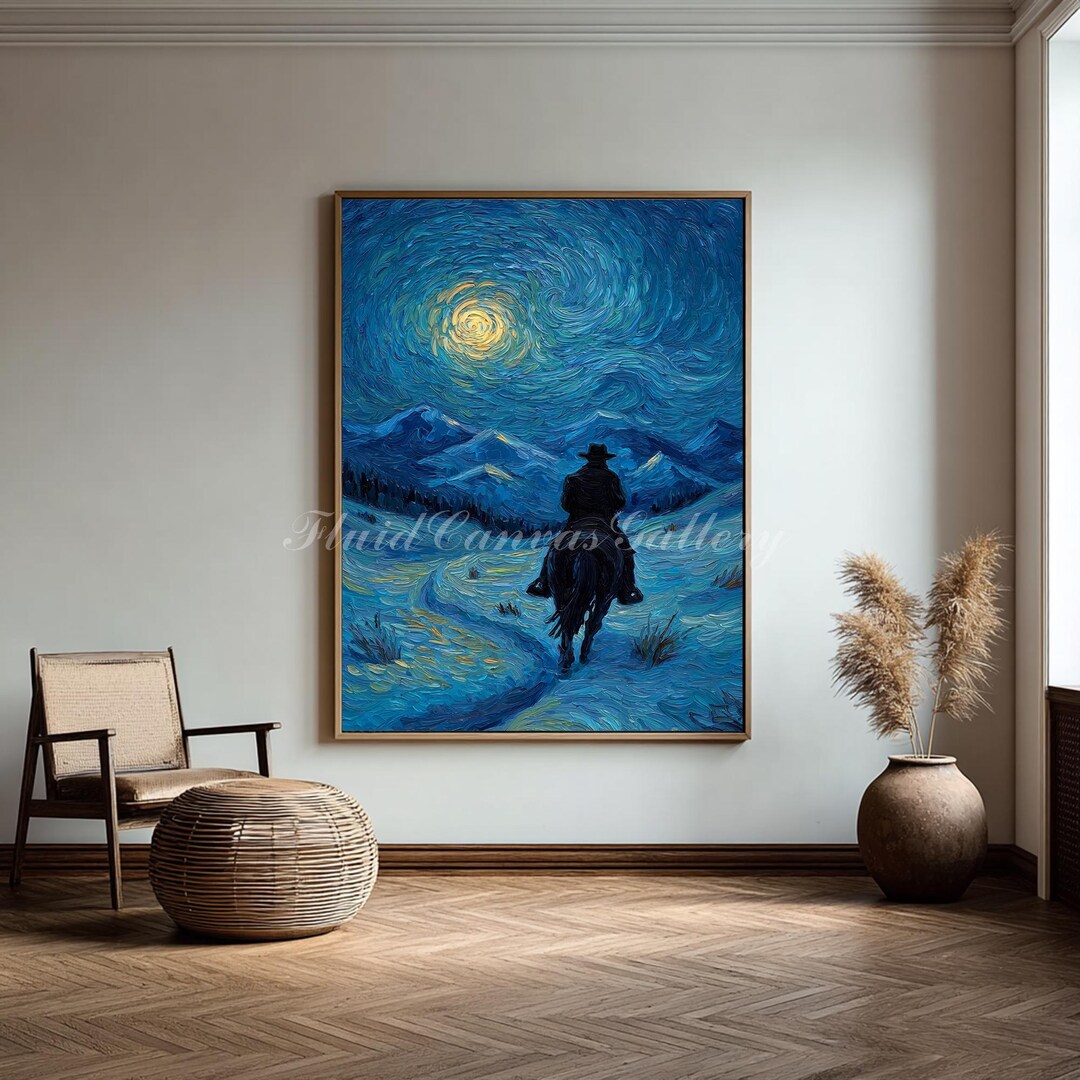 Large Van Gogh-style Night Sky Cowboy Oil Painting | Thickly Painted ...