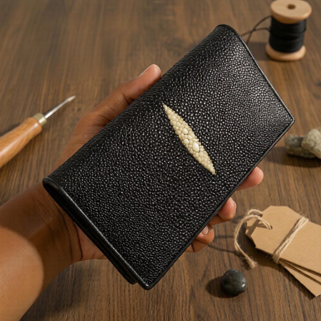 Handmade Black Stingray Leather Wallet, Exotic Clutch, Shimmer Finish ...