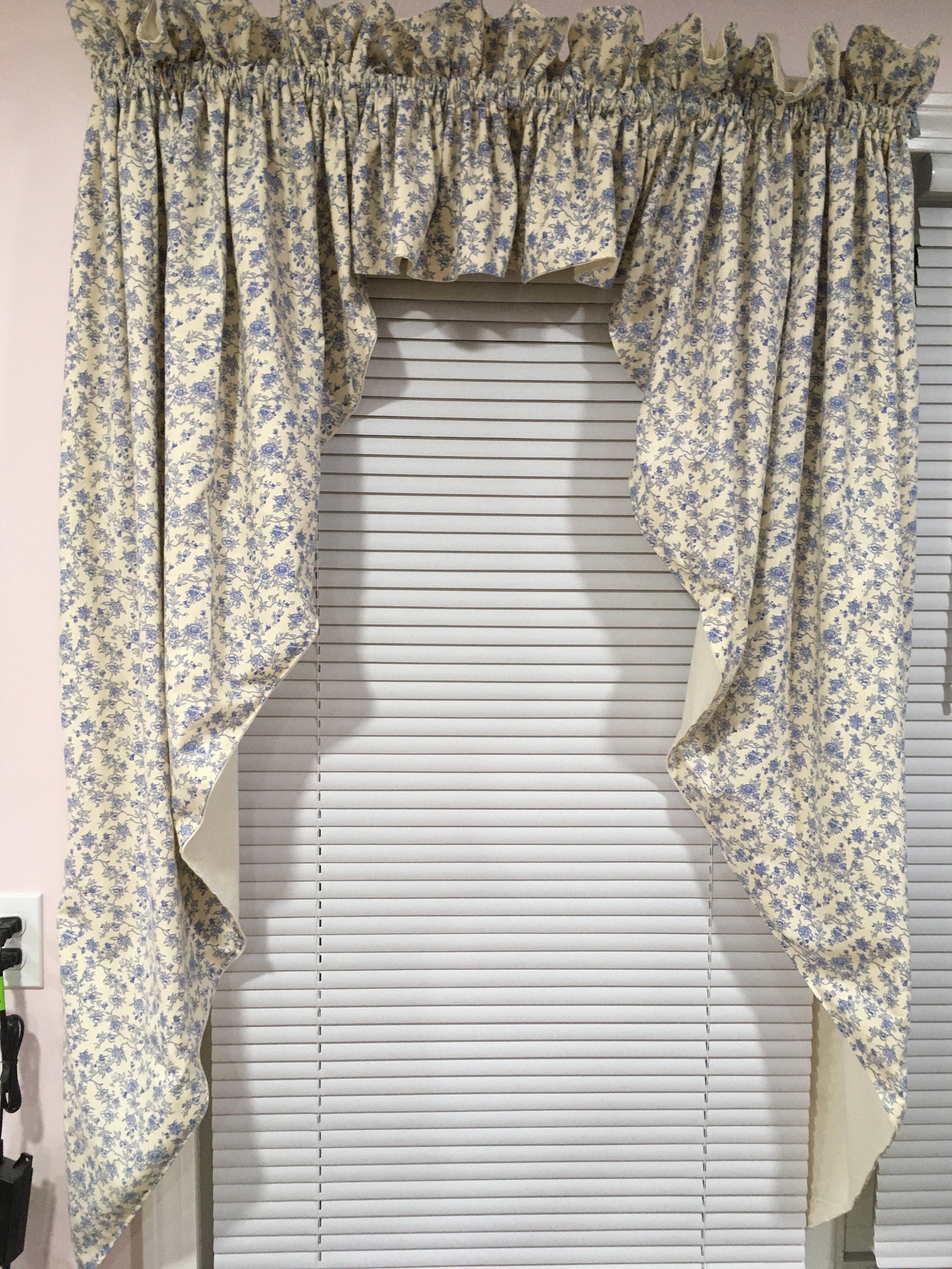 Blue Flower Print on Cream Long Swag and Valance - Etsy