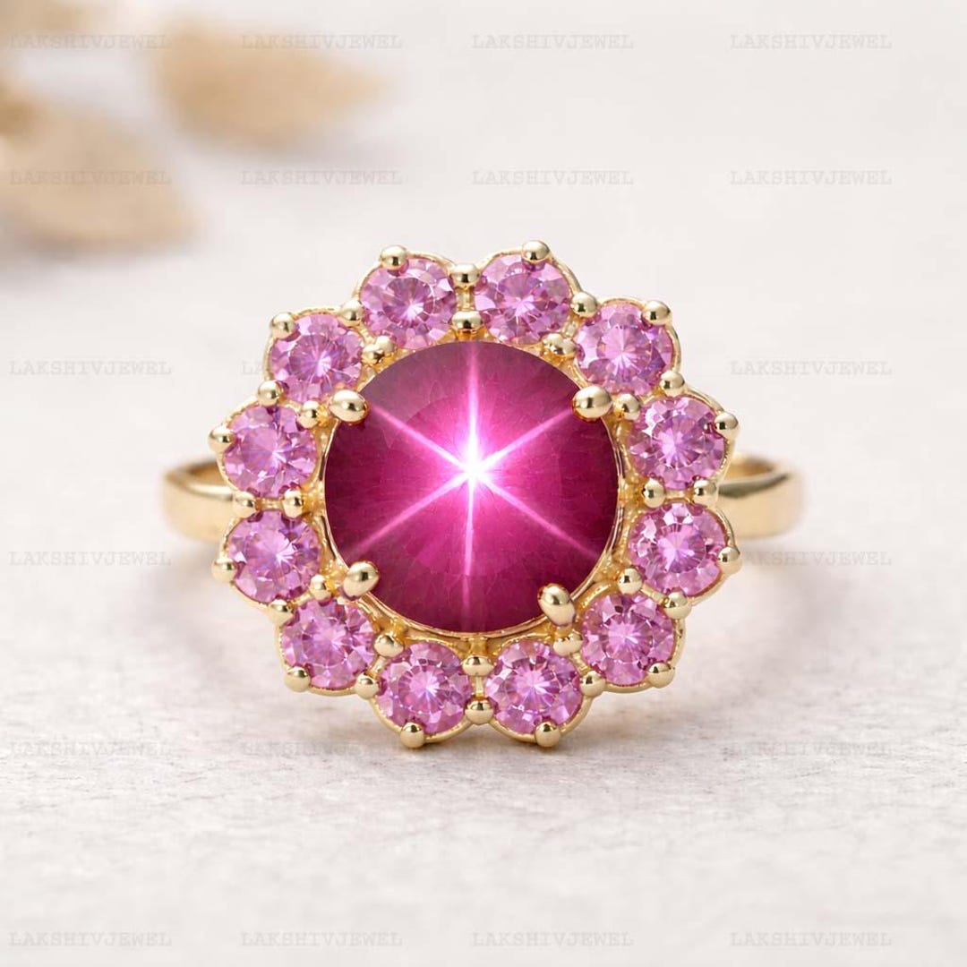 Star Pink Ruby Ring With Pink Sapphire Halo in Yellow Gold, Floral ...