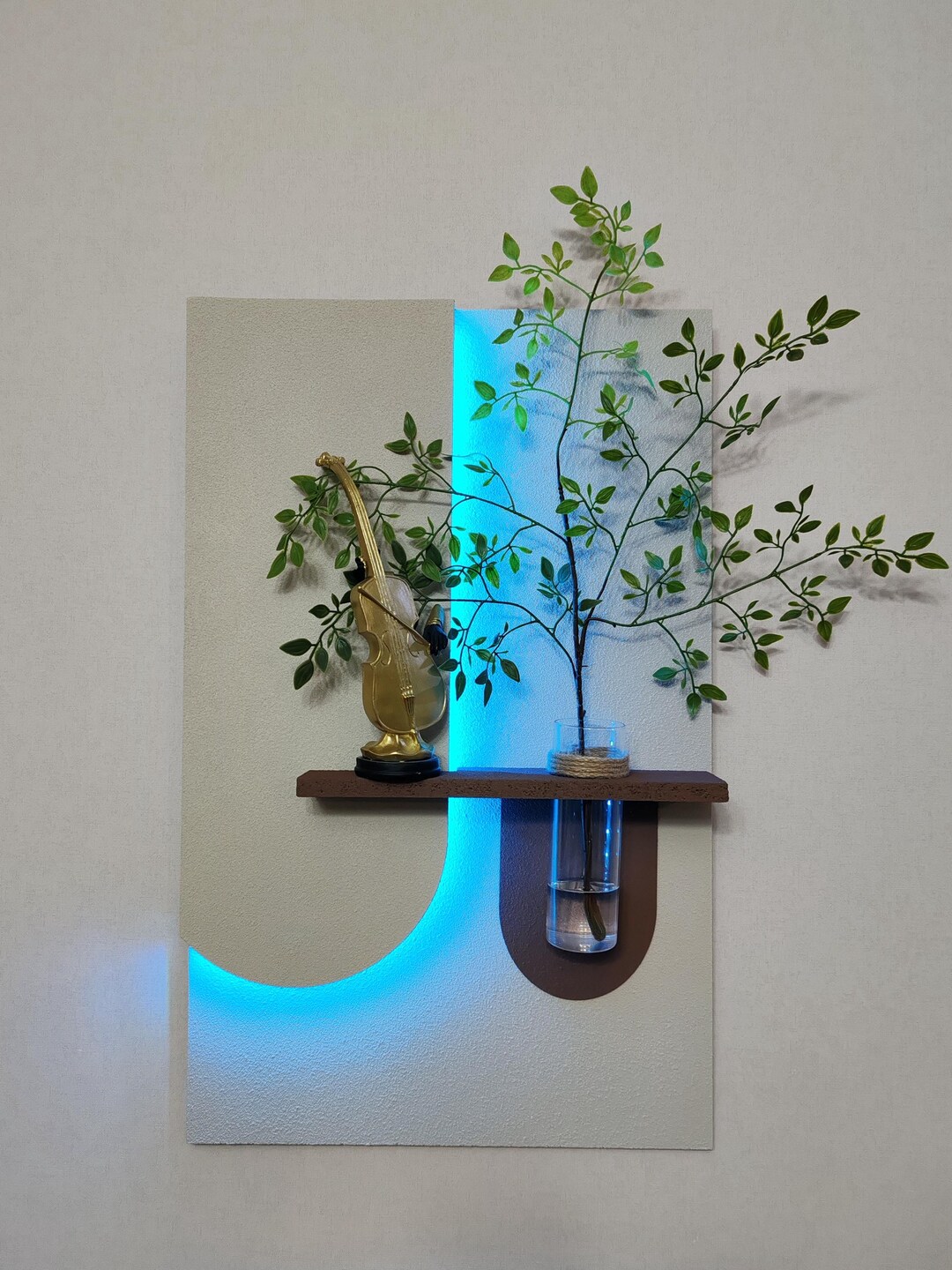 LED Light Wall Decor With 3D Shelf, Glass Flower Vase & Greenery Accent ...