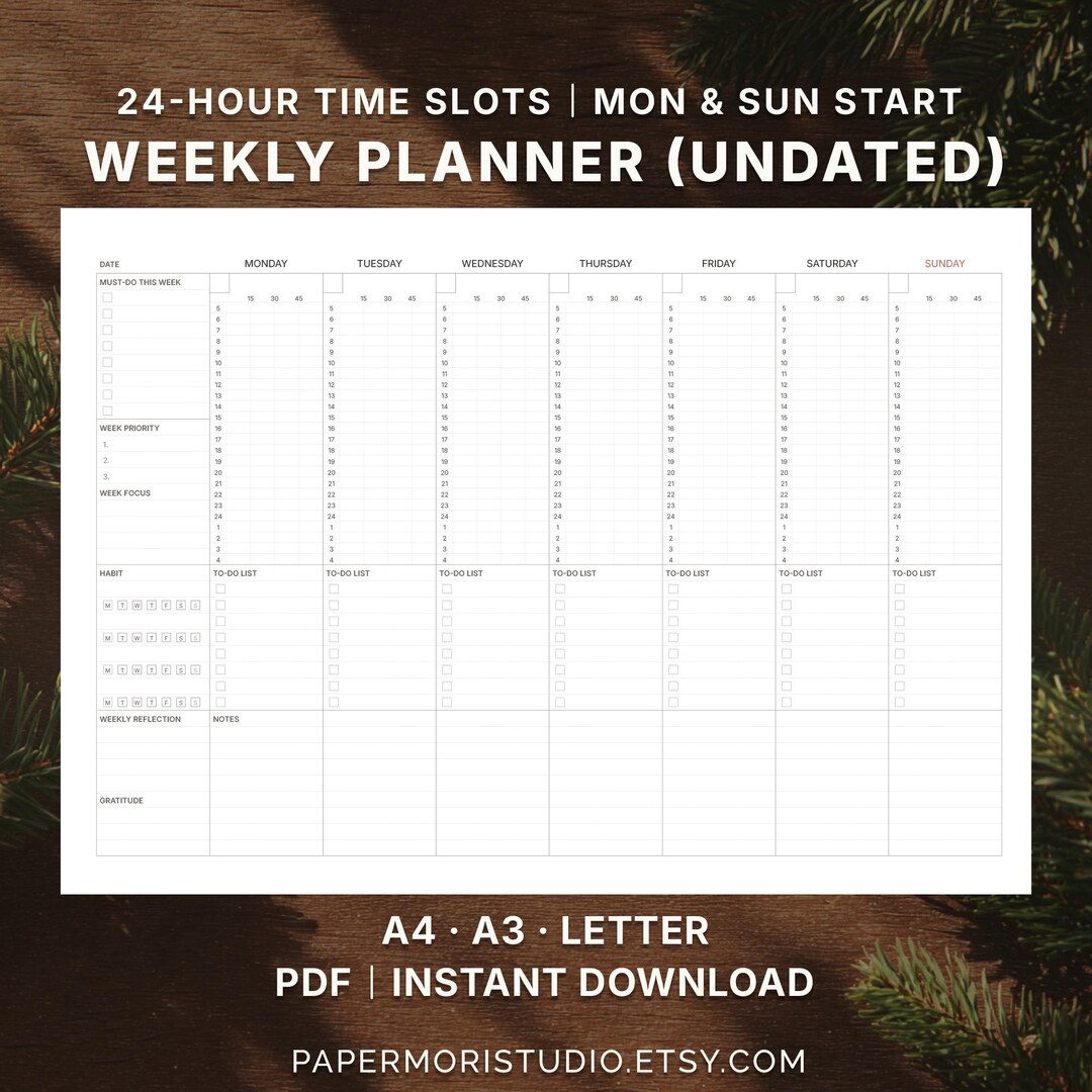 Undated Weekly Planner Printable Hourly Time Blocking Planner With ...