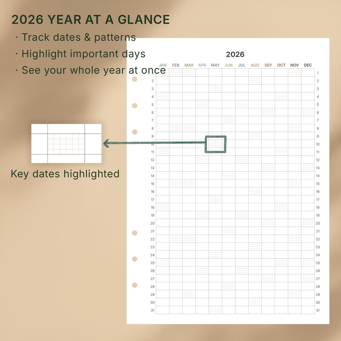 2026 Year at a Glance Binder Yearly Calendar Printable One Page Planner ...