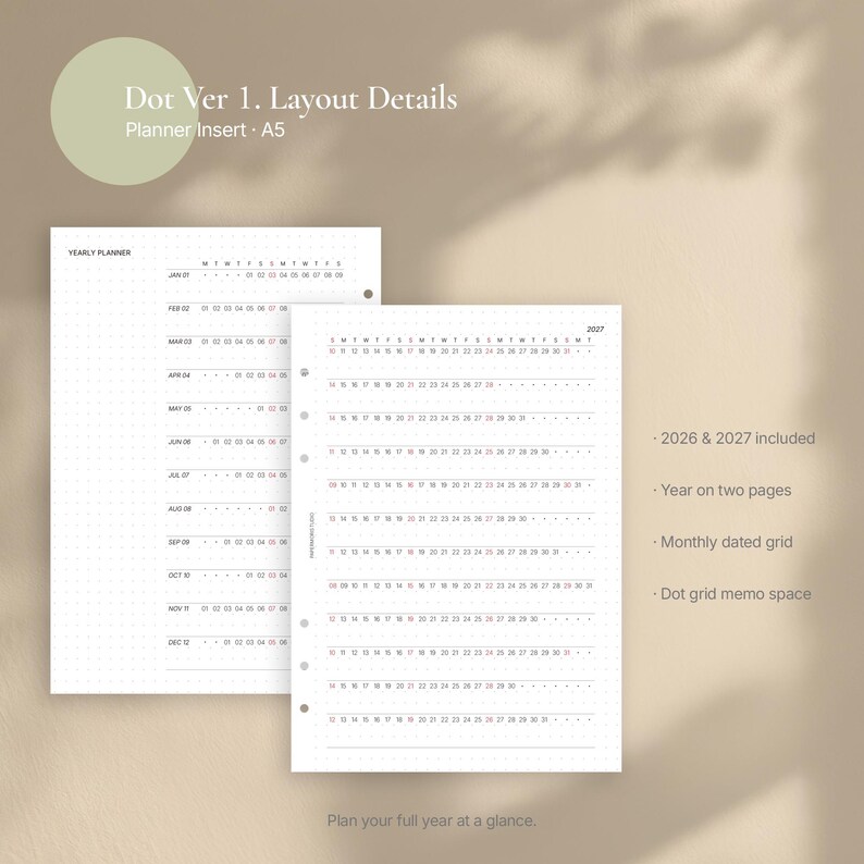 A5 Yearly Planner Insert 2026 2027 • Year at a Glance Printable Refill ...