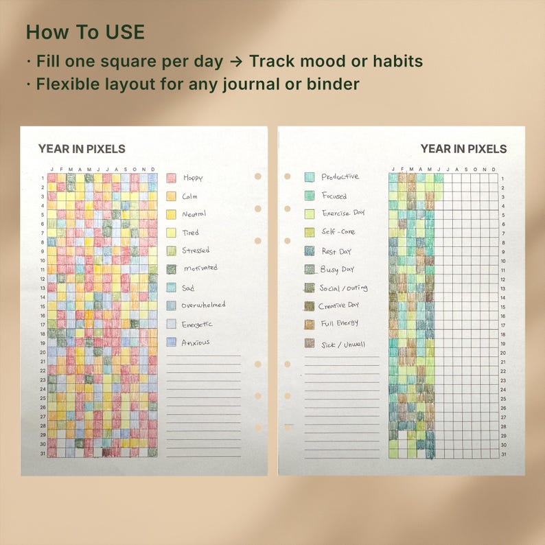 Year in Pixels Printable • Undated Binder Inserts • Mood & Habit Log ...