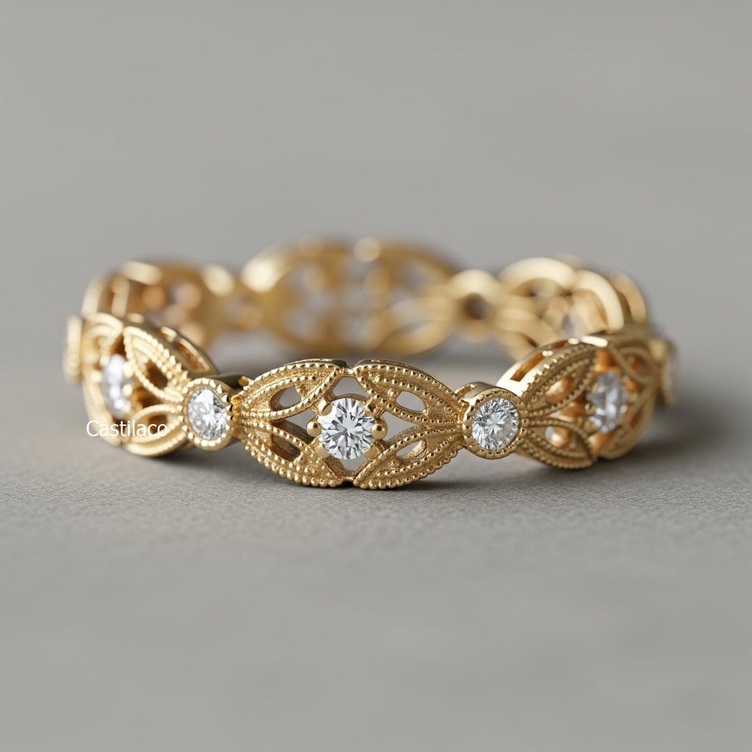 Vintage Milgrain Art Deco Full Eternity Diamond Band in 14K Solid Gold ...