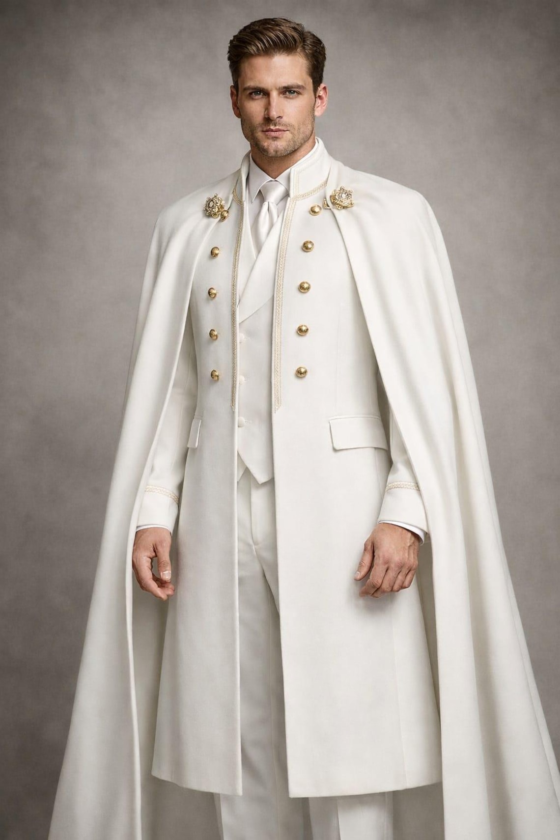 Men’s Luxury Military-style Long Coat With Cape – White Tailored Formal ...