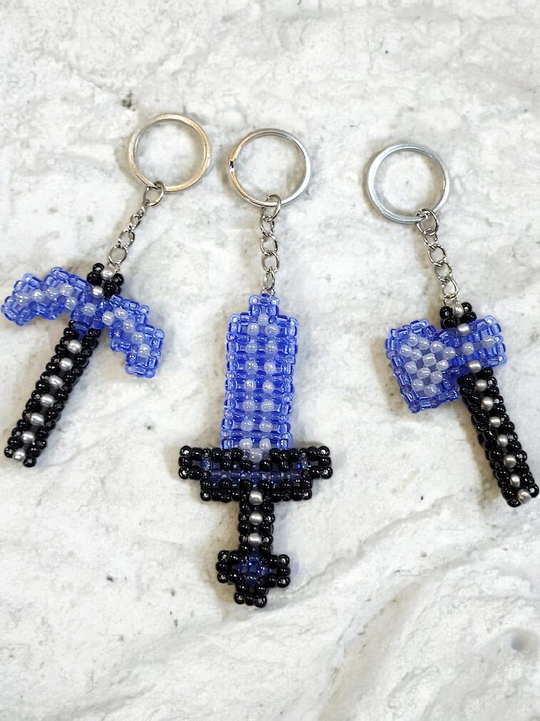 Minecraft Inspired Keychain Set, Sword Pickaxe Axe, Handmade 3D Beaded ...