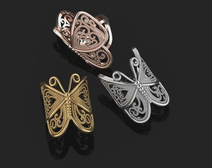 Butterfly Ring, Sterling Silver Wide Band, Brass, Gold Color - on ...