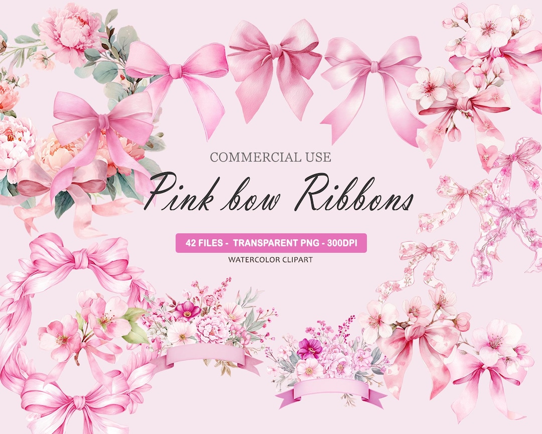 Pink Bow PNG Clipart Transparent Watercolor Ribbon Bow Set Coquette ...