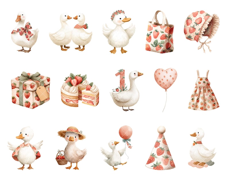 Strawberry Goose Clipart PNG Cute Watercolor Goose Illustration Digital ...