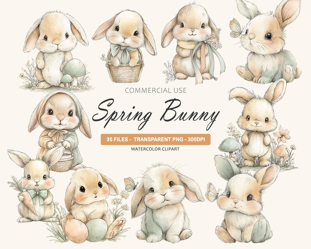 Watercolor Easter Bunny Clipart PNG Bundle Cute Spring Bunnies ...