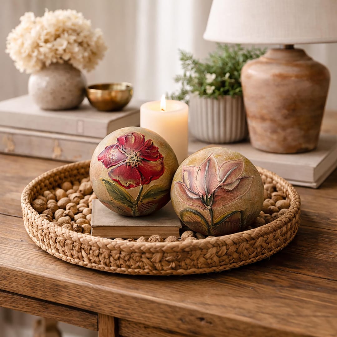 Vintage Pair Floral Plaster Decorative Balls, Hand Painted With Red ...