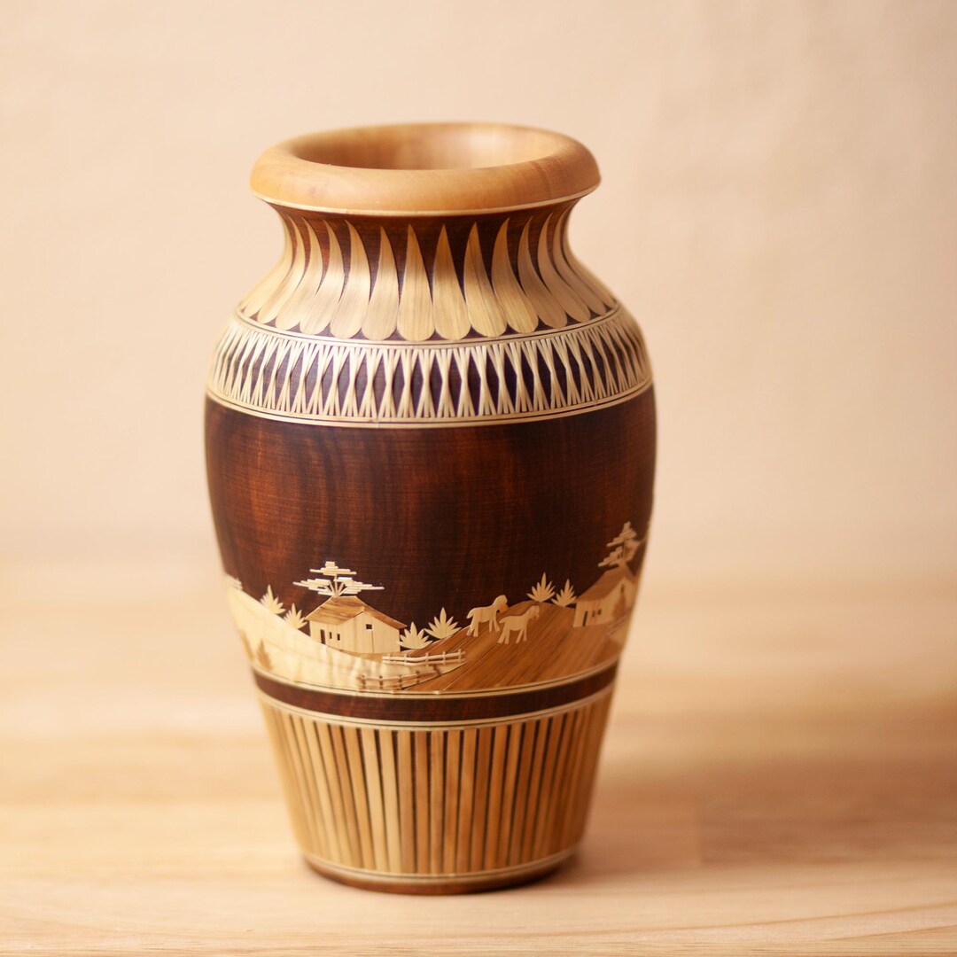 Vintage Asian Wood Inlay Vase, Handcrafted Decorative Scenic Village ...