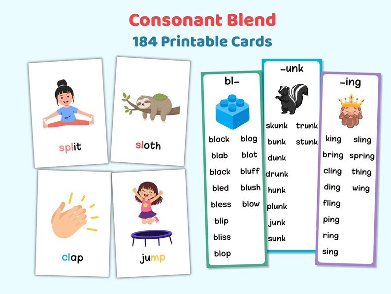184 Consonant Blend Flashcards, Printable Blend Cards, Beginning ...
