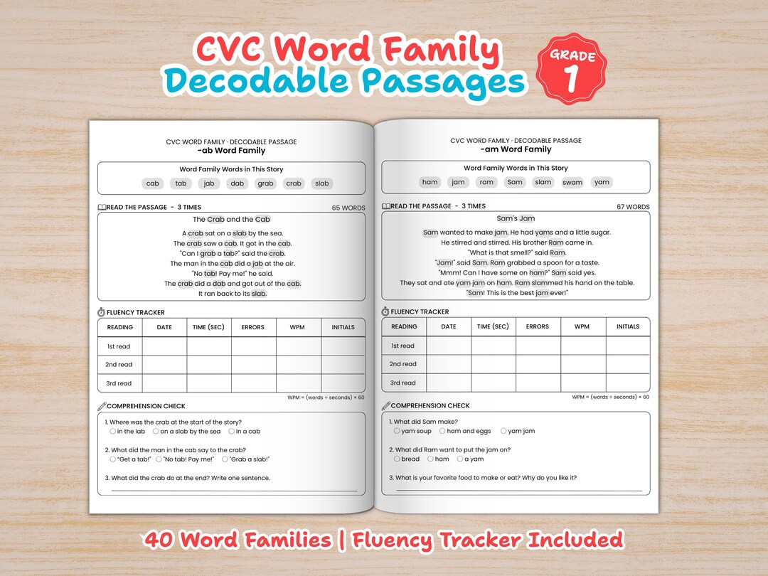 CVC Word Family Passages décodables, Contrôle de la fluidité et de la ...