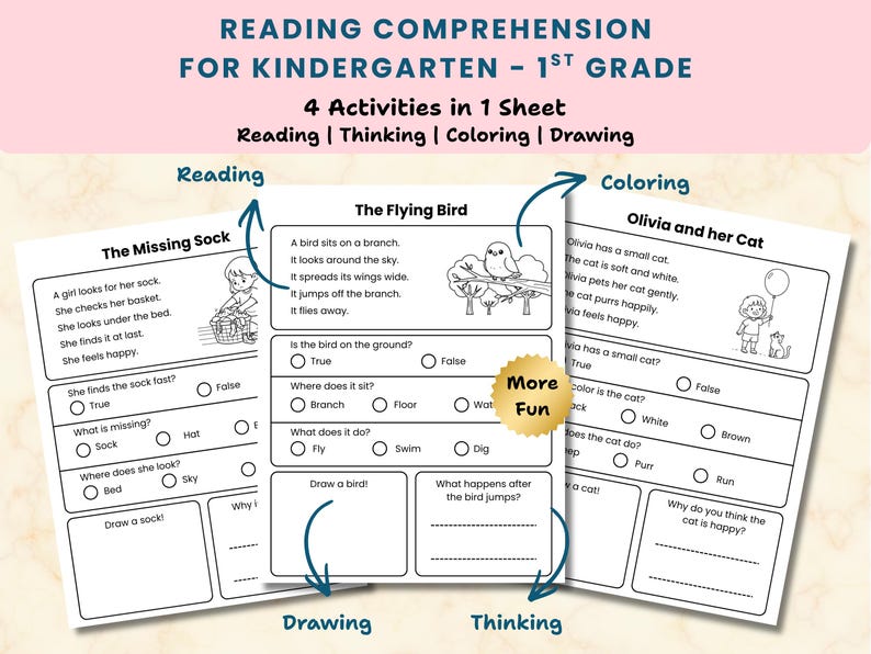 50 Pages Reading Comprehension Worksheets, Kindergarten-1st Grade ...