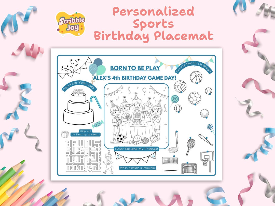 Sports Birthday Coloring Placemat, Editable Kids Party Activity Sheet ...