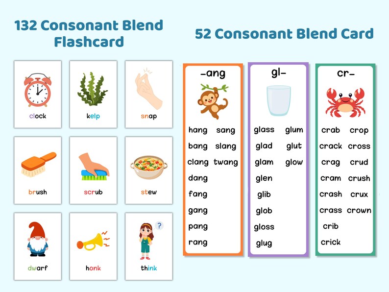 184 Consonant Blend Flashcards, Printable Blend Cards, Beginning ...