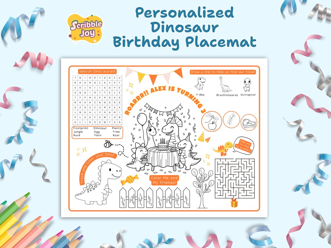 Dinosaur Birthday Coloring Placemat, Dino Editable Kids Party Activity ...