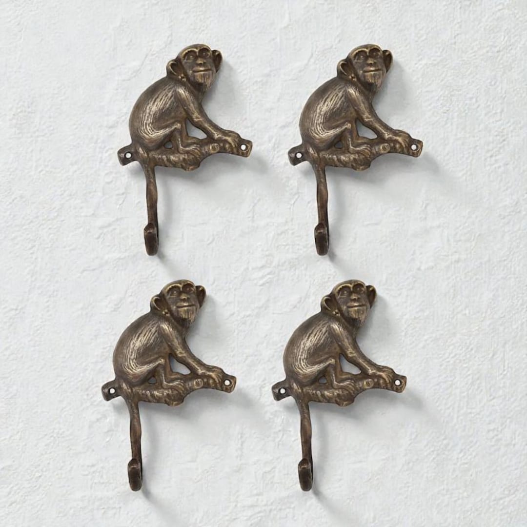Set of 4 Antique Brass Monkey Hooks, Vintage Solid Brass Wall Hooks for ...