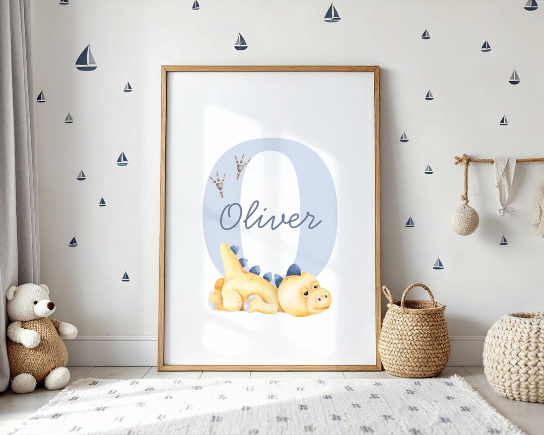 Personalized Dinosaur Initial Wall Art, Custom Name Nursery Print, Baby ...