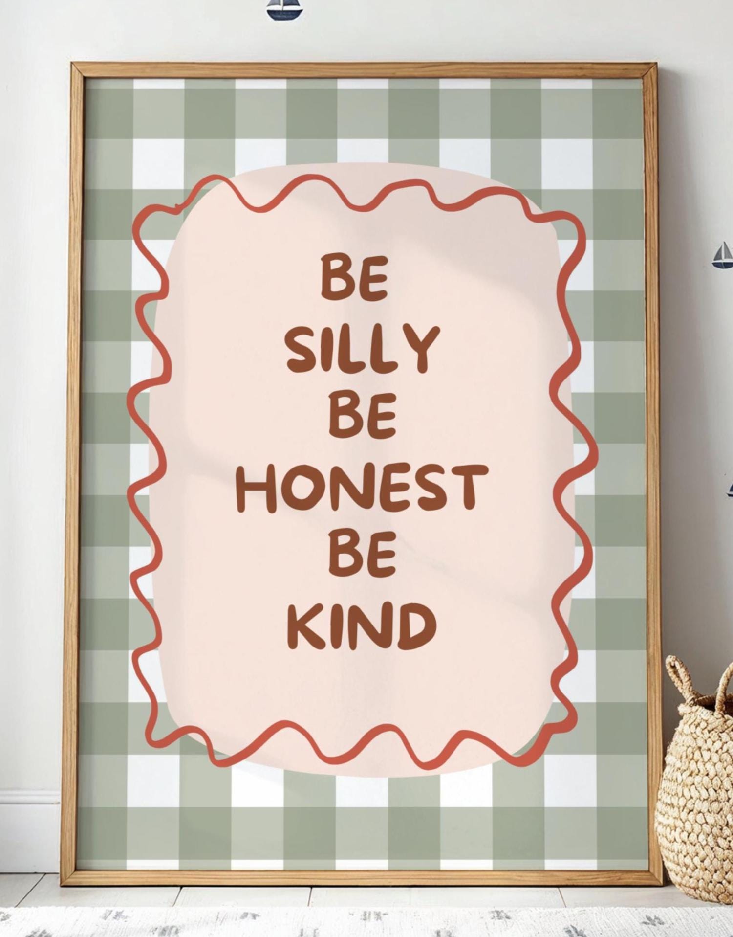 Be Silly Be Honest Be Kind Wall Art, Retro Kids Room Poster, Gingham ...