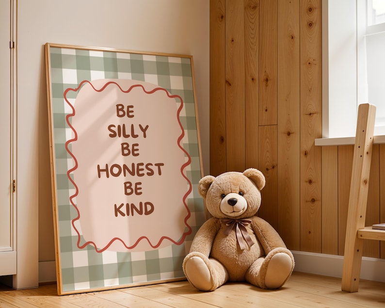 Be Silly Be Honest Be Kind Wall Art, Retro Kids Room Poster, Gingham ...