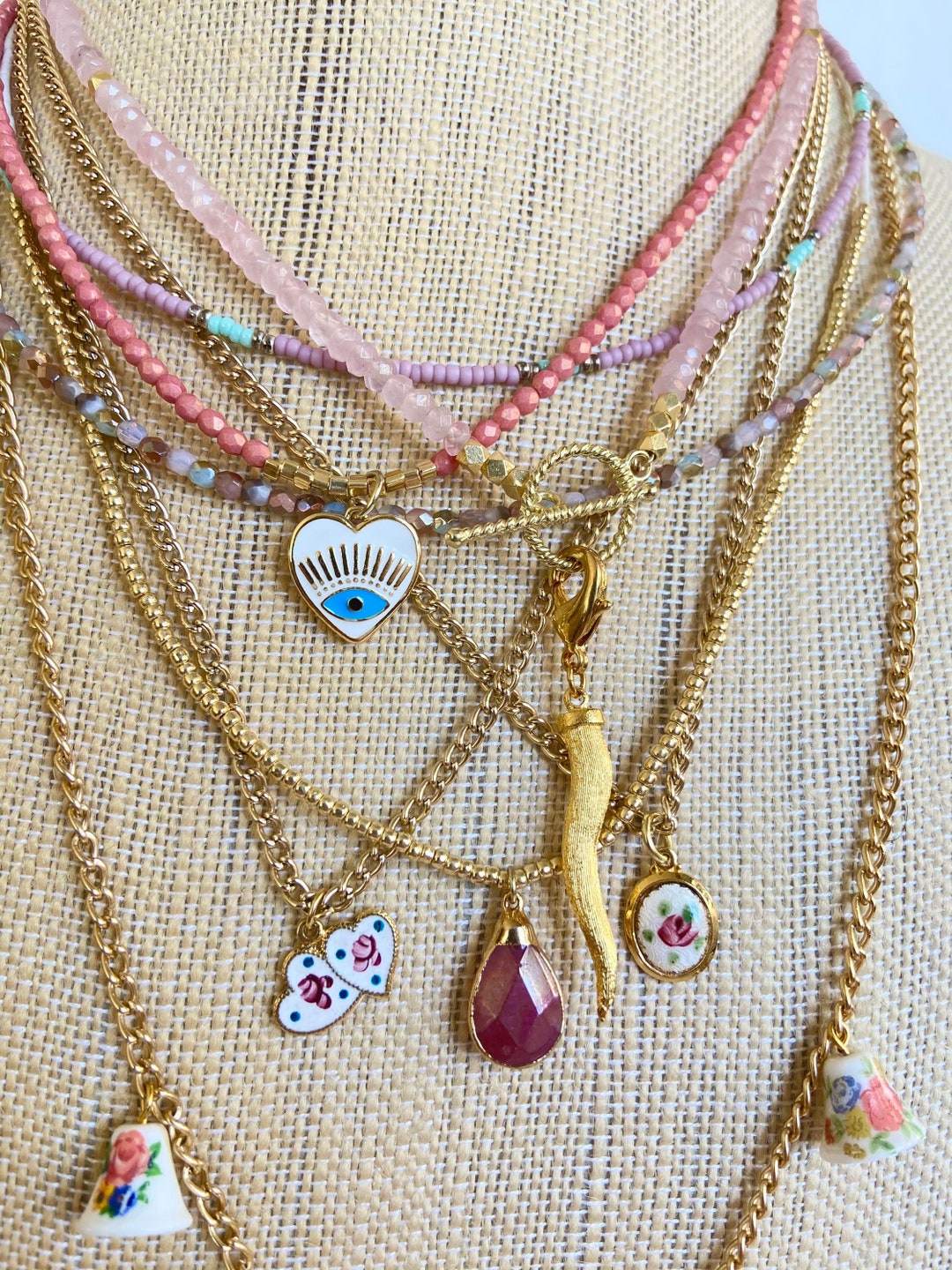 Gemstone and Vintage Charm Neck Mess, Semiprecious Stone Necklaces ...