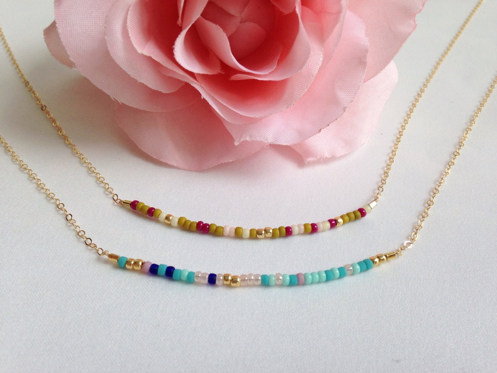 Extra Thin Bead Necklace, Tiny Beads, Colorful Short Necklace, Simple ...
