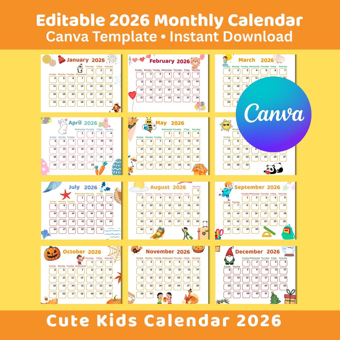 Editable 2026 Monthly Calendar for Kids | Cute Kids Planner | Canva ...