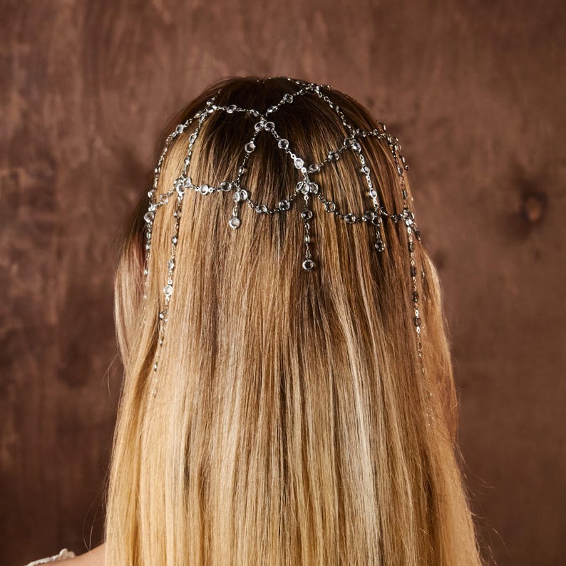 Gold Crystal Head Chain, Bridal Forehead Tiara, Elven Circlet, Layered ...