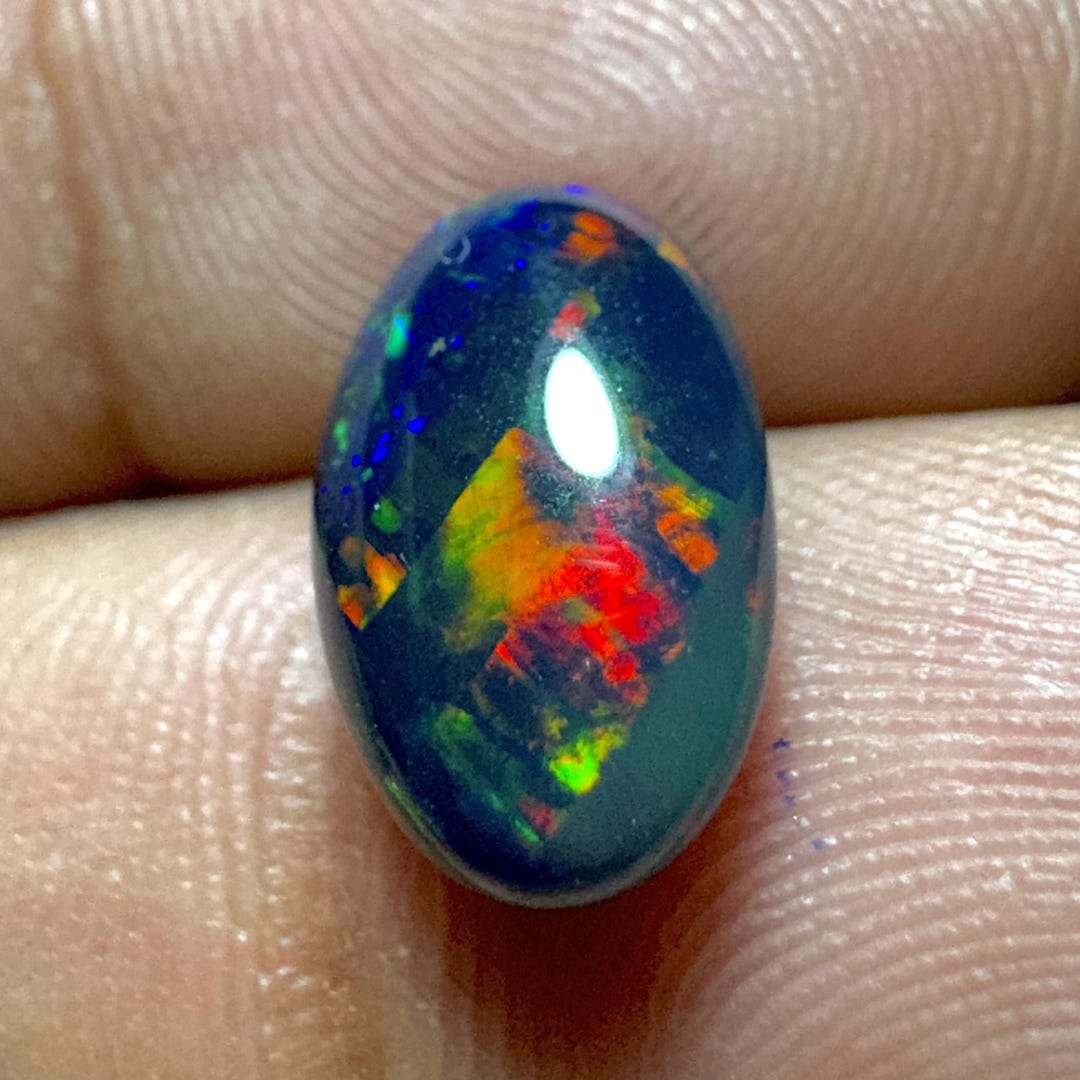Unique Ethiopian Black Opal Cabochon • Vibrant Fire Gemstone (13x8x5 MM ...